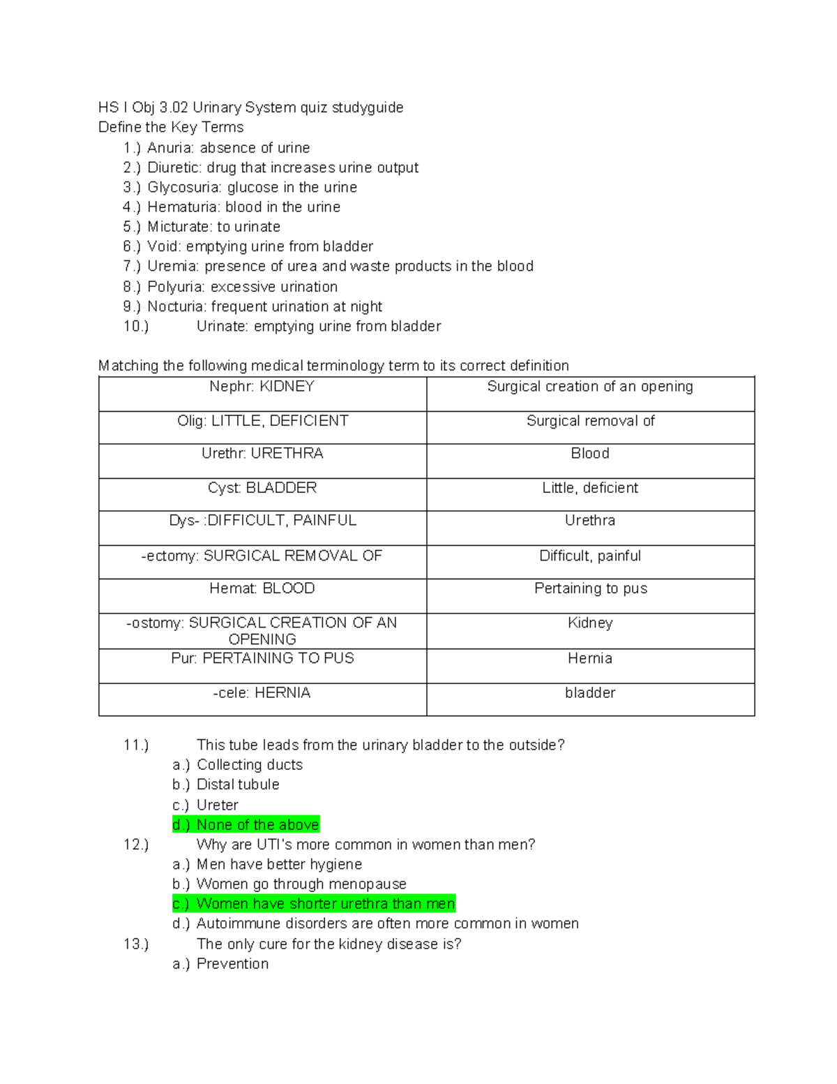 HS I Obj 3.02 Urinary System quiz SG WITH Answers - HS I Obj 3 Urinary ...