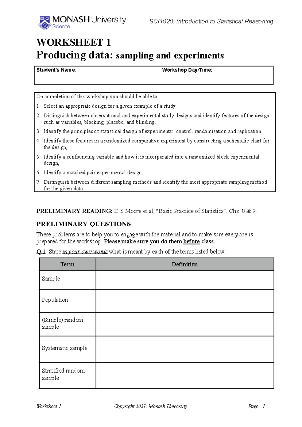 SCI1020 Worksheet 1 - SCI1020: Introduction to Statistical Reasoning WORKSHEET 1 Producing data ...