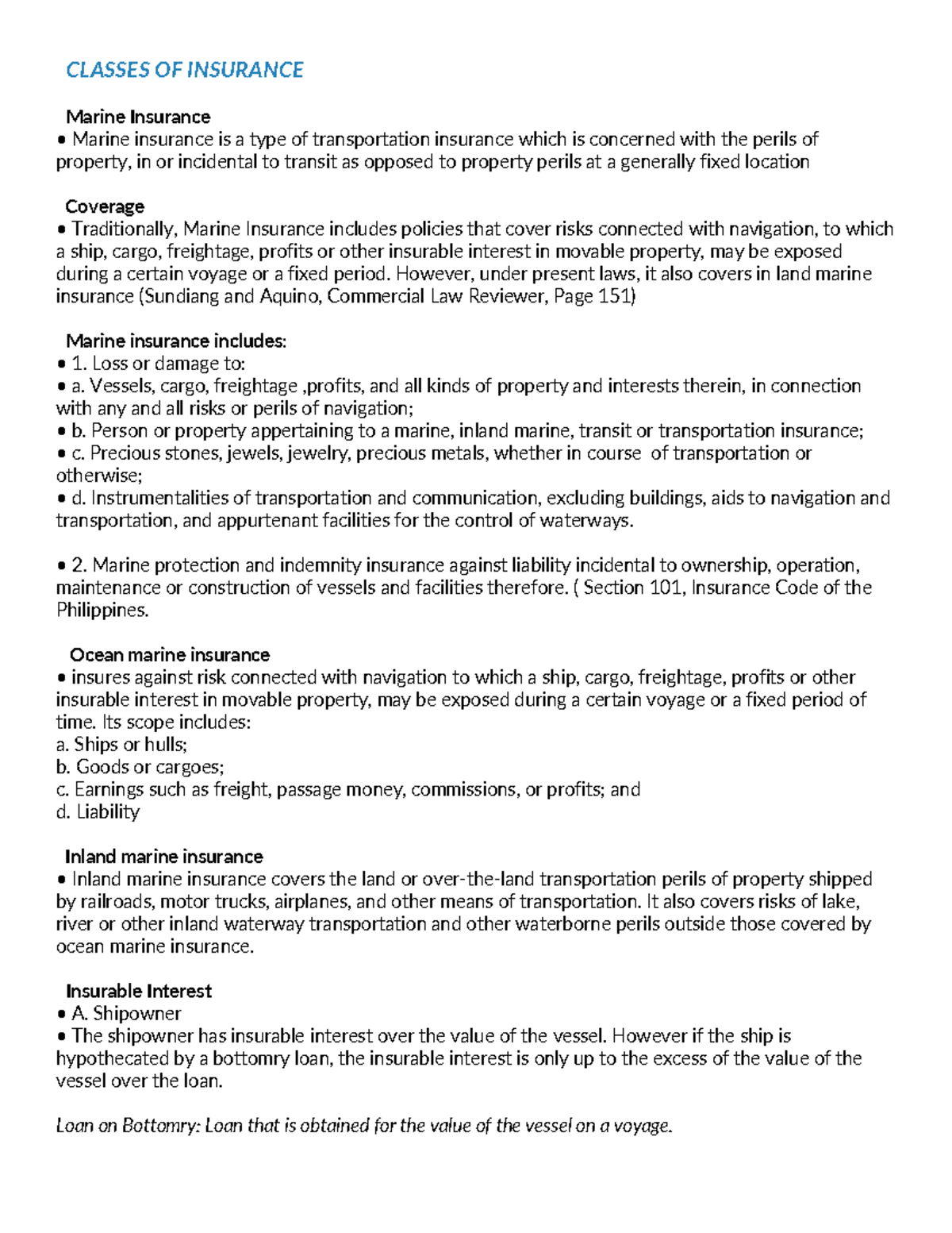 Module 3 Insurance - CLASSES OF INSURANCE Marine Insurance Marine ...