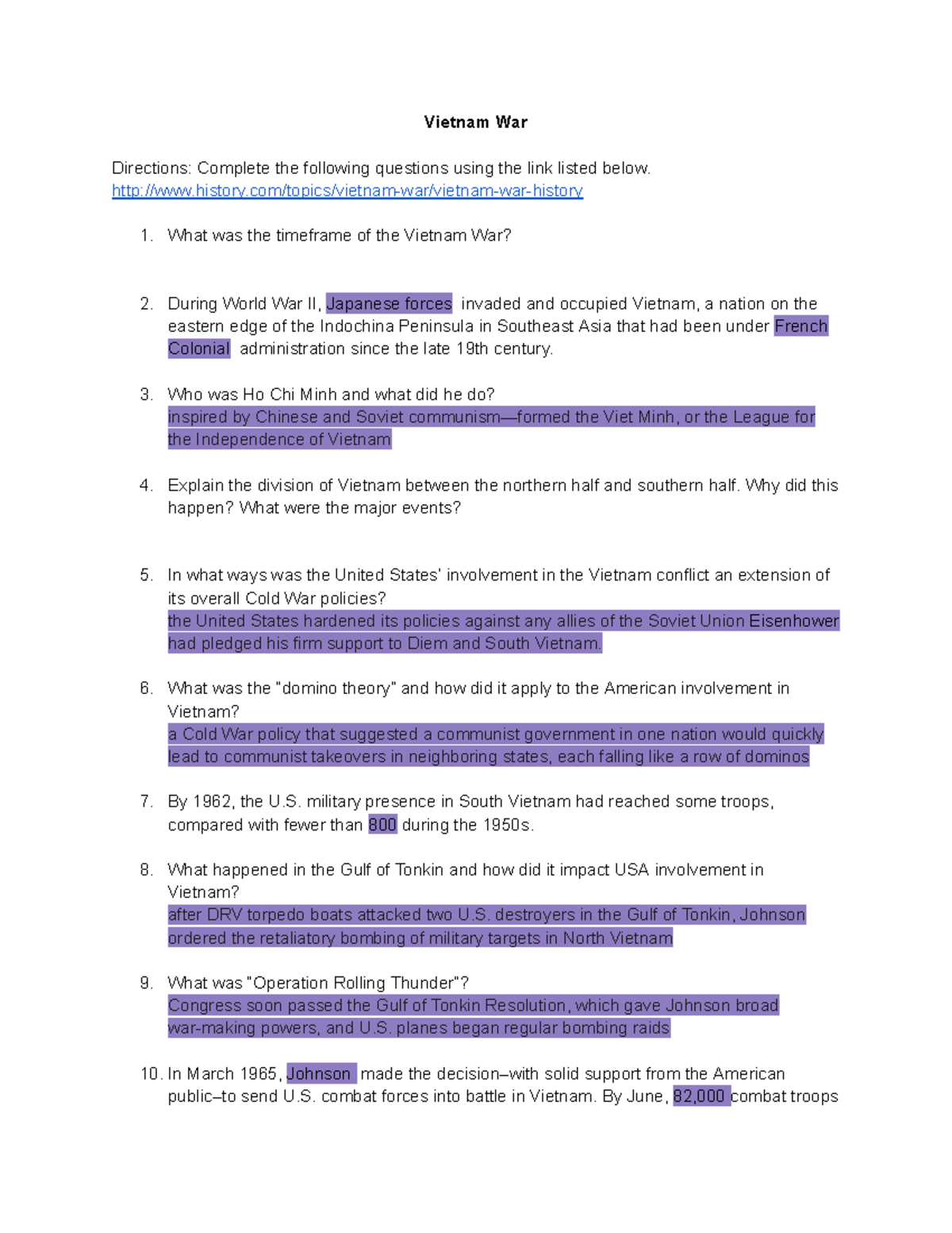 Vietnam War - idk - Vietnam War Directions: Complete the following ...