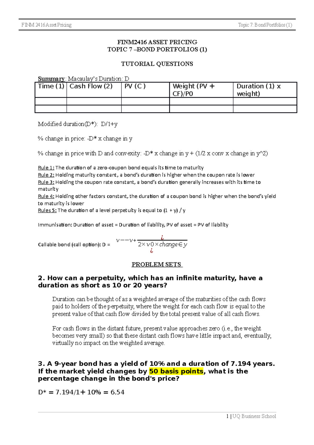 Tutorial Questions and answers for Week 7 - FINM2416 ASSET PRICING TOPIC 7 –BOND PORTFOLIOS (1 ...