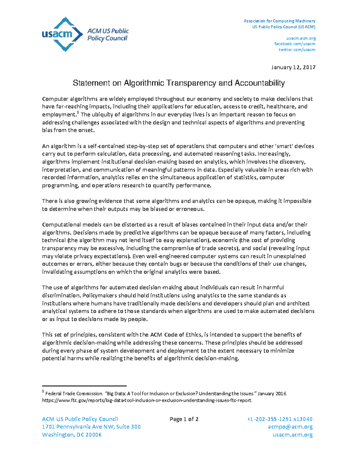 2017 usacm statement algorithms - ACM US Public Policy Council 1701 ...