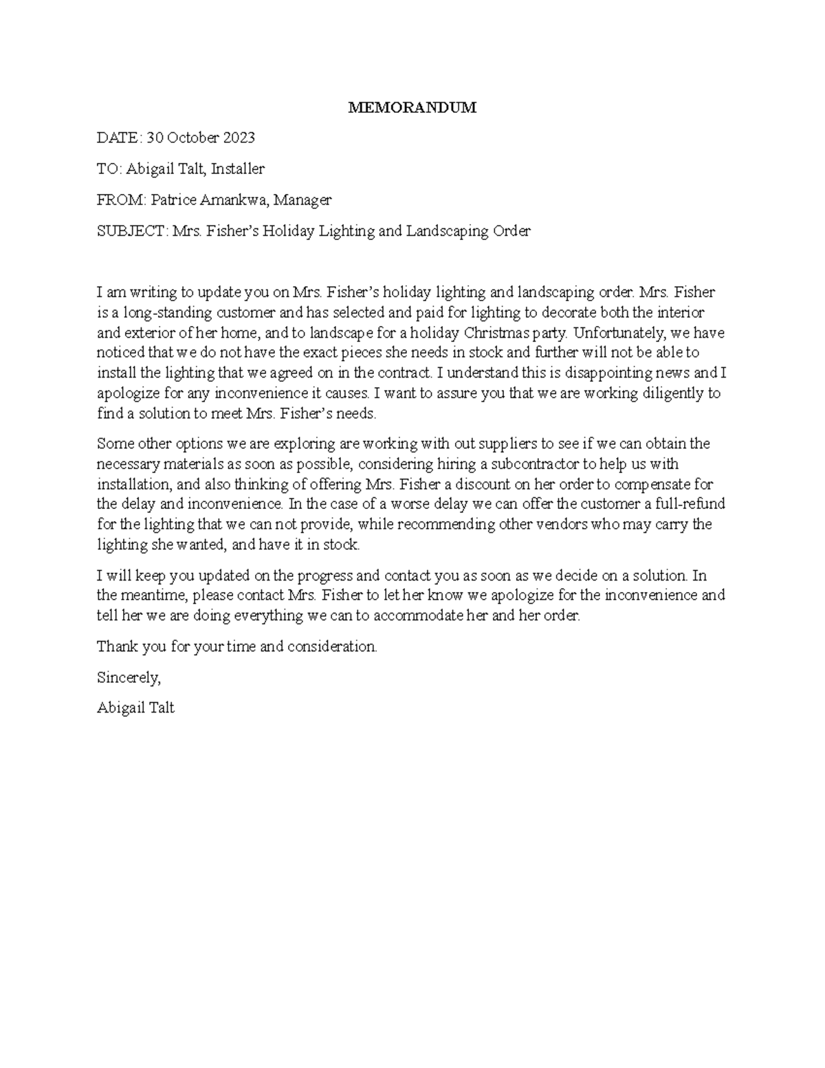 Midterm Atalt - MEMORANDUM DATE: 30 October 2023 TO: Abigail Talt ...