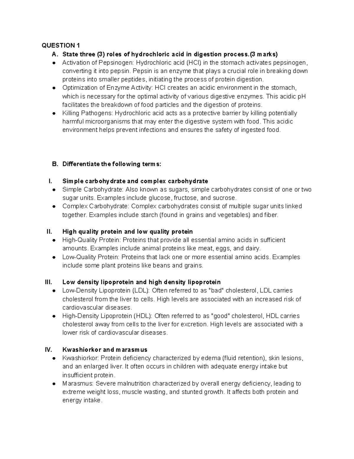 Sample Answer JUN2019 FST511 - QUESTION 1 A. State three (3) roles of hydrochloric acid in ...