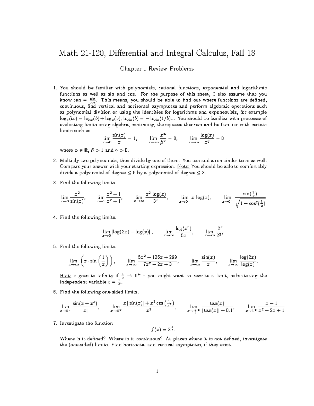 Review on Limits - Math Differential and Integral Calculus, Fall 18 ...