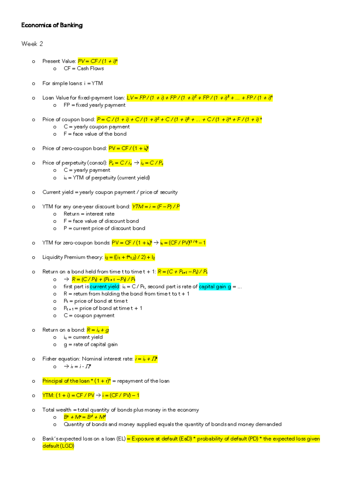 Economics of Banking Formula Sheet - Economics of Banking Week 2 o ...