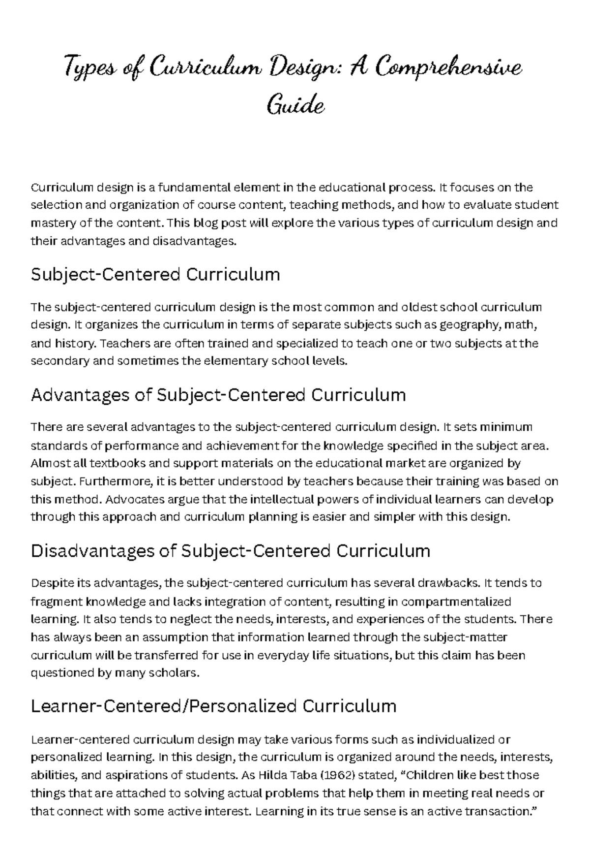 Types of Curriculum Design - Curriculum design is a fundamental element ...