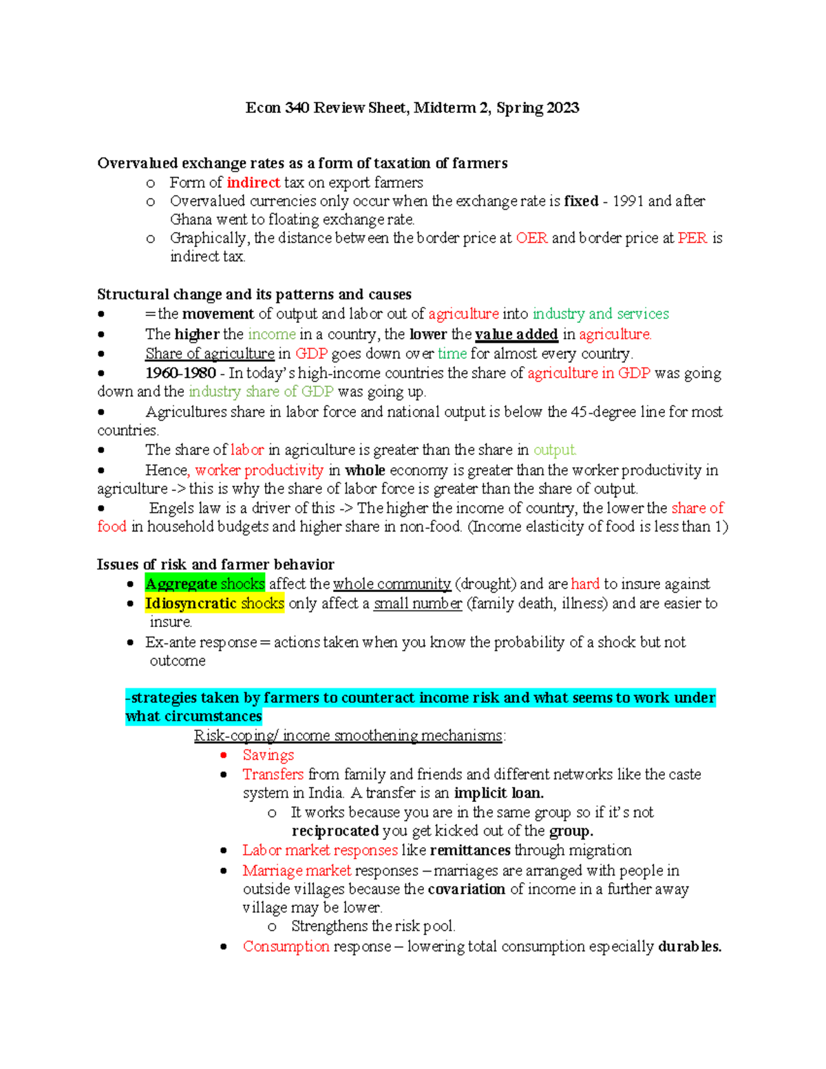 Document - LEcture notes - Econ 340 Review Sheet, Midterm 2, Spring 202 ...