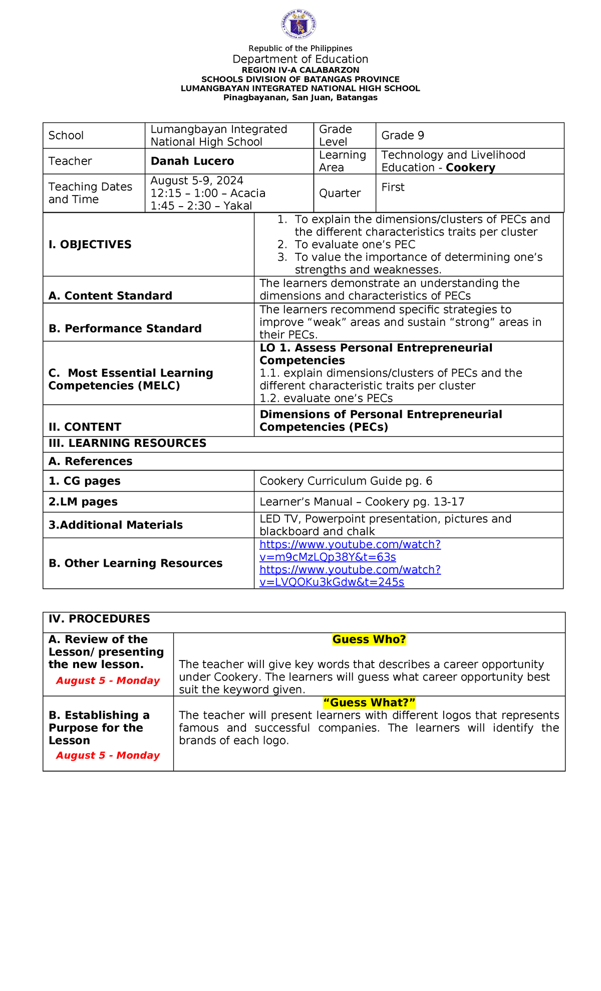 TLE 9 - PEC - Daily Lesson Plan - Department of Education REGION IV-A ...