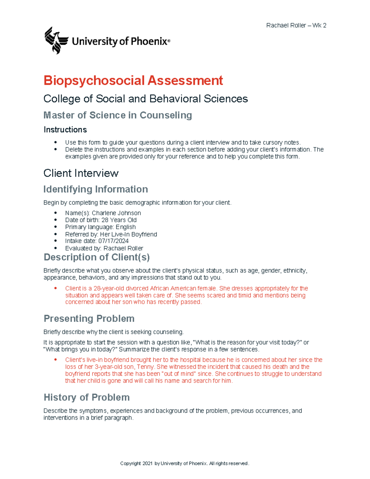 Biopsychosocial Assessment - Rachael Roller – Wk 2 Biopsychosocial ...