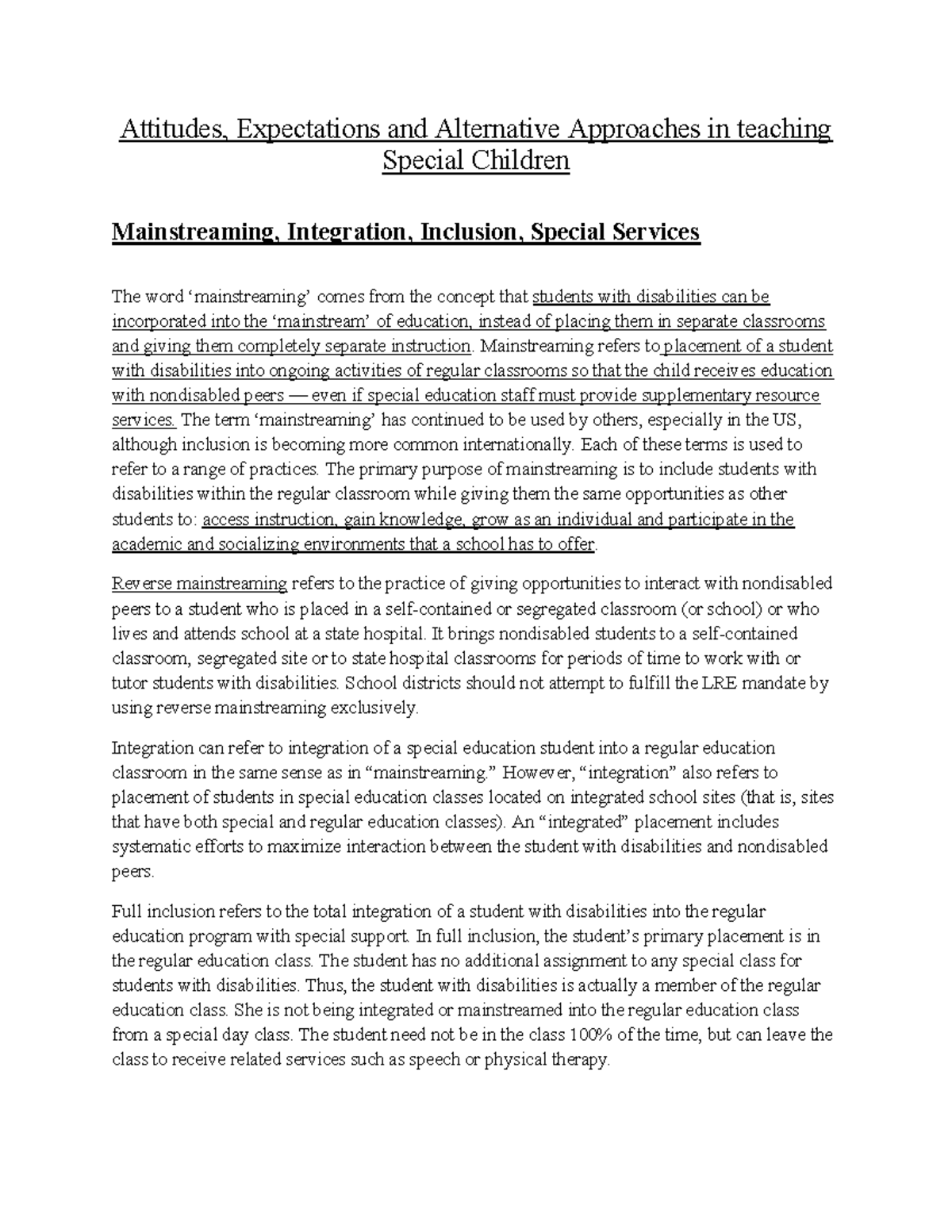 Mainstreaming, Integration, Inclusion, Special Services - Attitudes ...