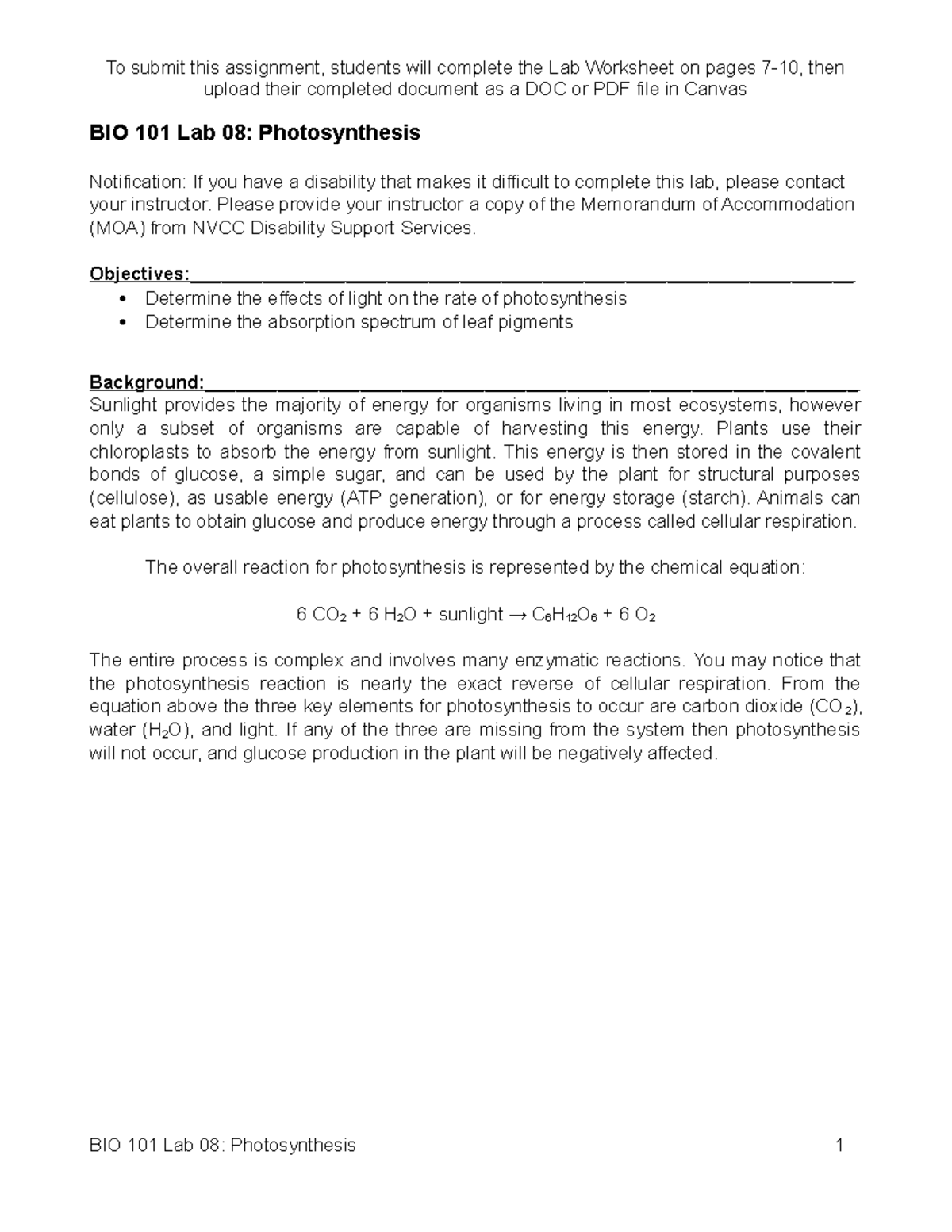 BIO 101 Lab 08, Photosynthesis-1 - upload their completed document as a ...