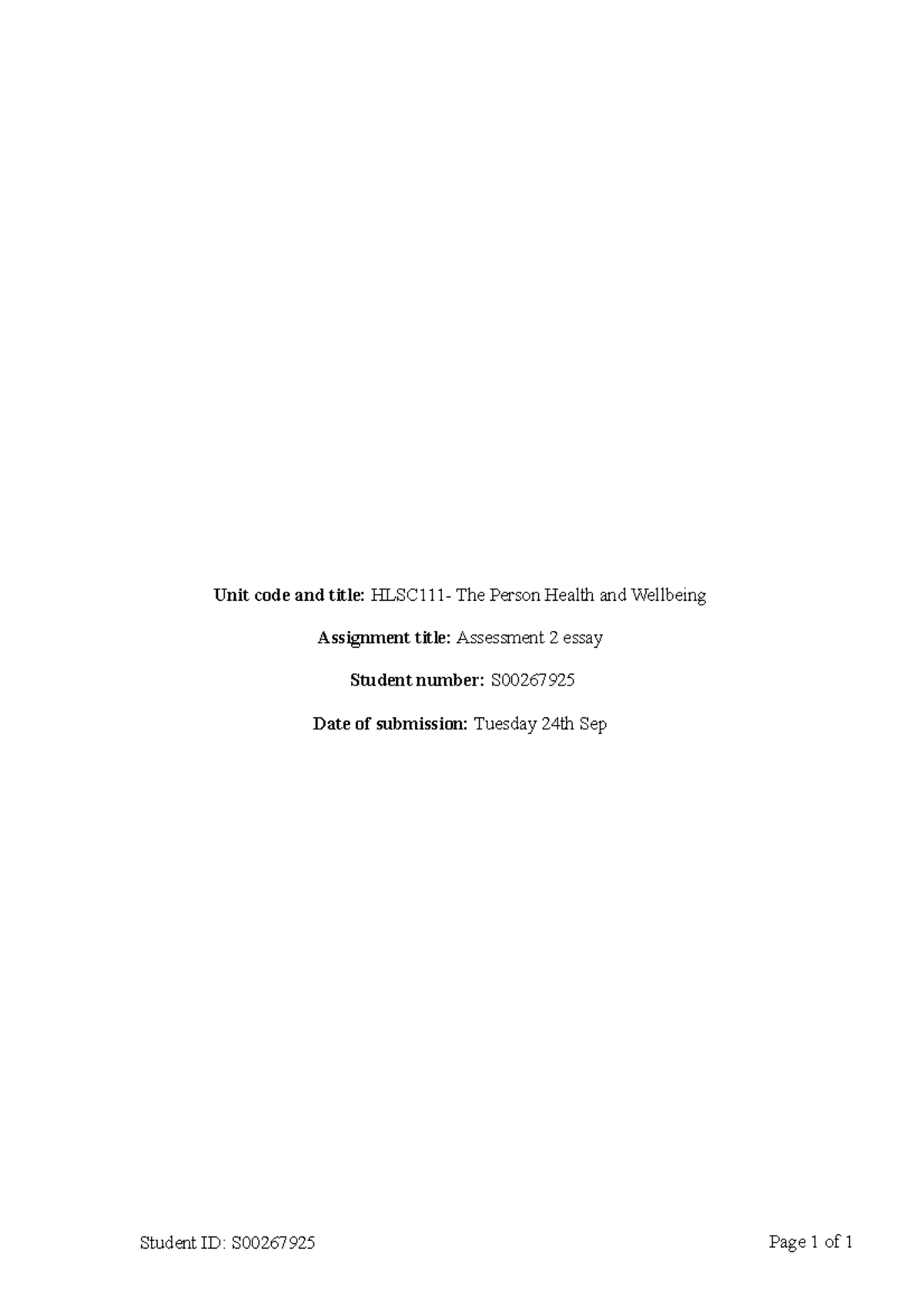 HLSC111 assignment - Unit code and title: HLSC111- The Person Health ...