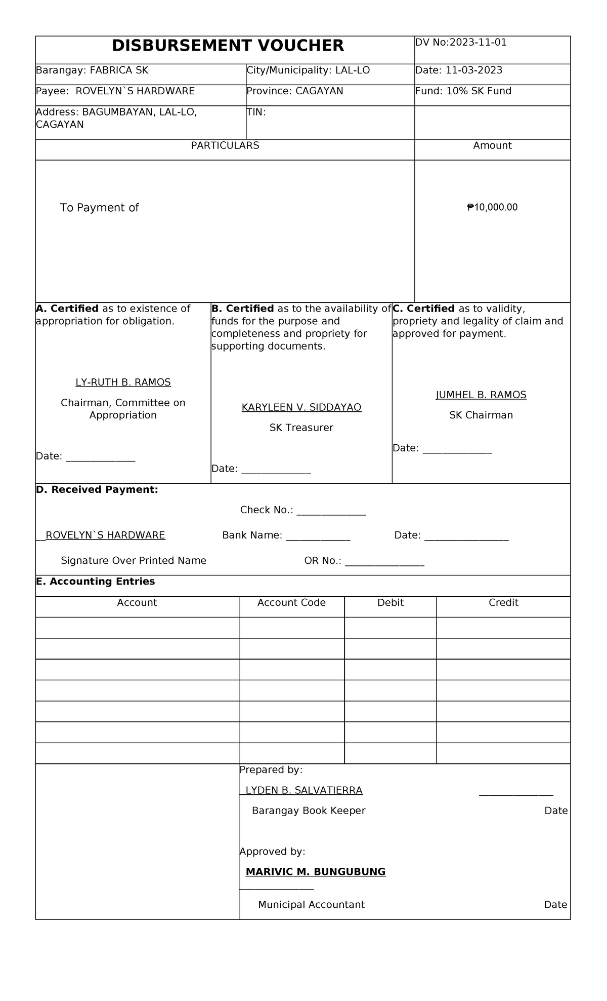 Disbursement vouchers - Copy - DISBURSEMENT VOUCHER DV No:2023-11 ...