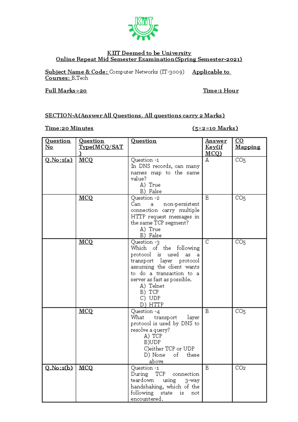 Repeat-Mid-sem Question Computer Networks - KIIT Deemed to be ...