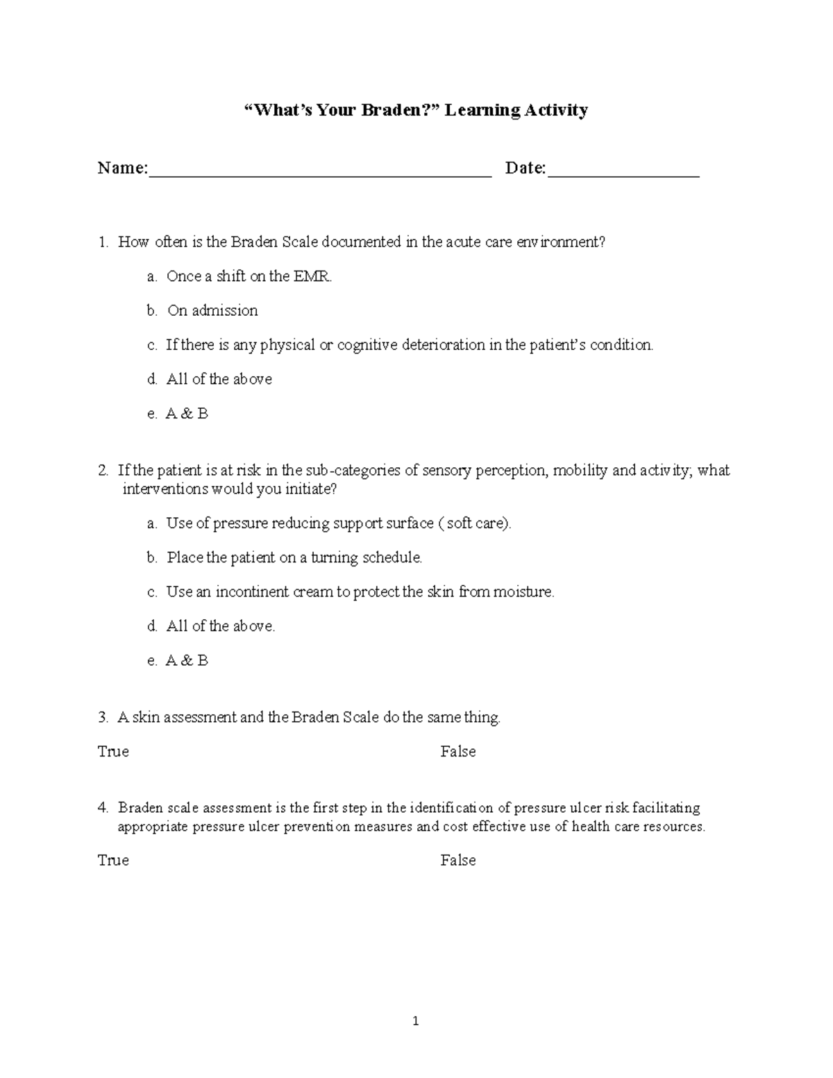 Braden Scale Learning Activity Nrsg II - “What’s Your Braden?” Learning ...