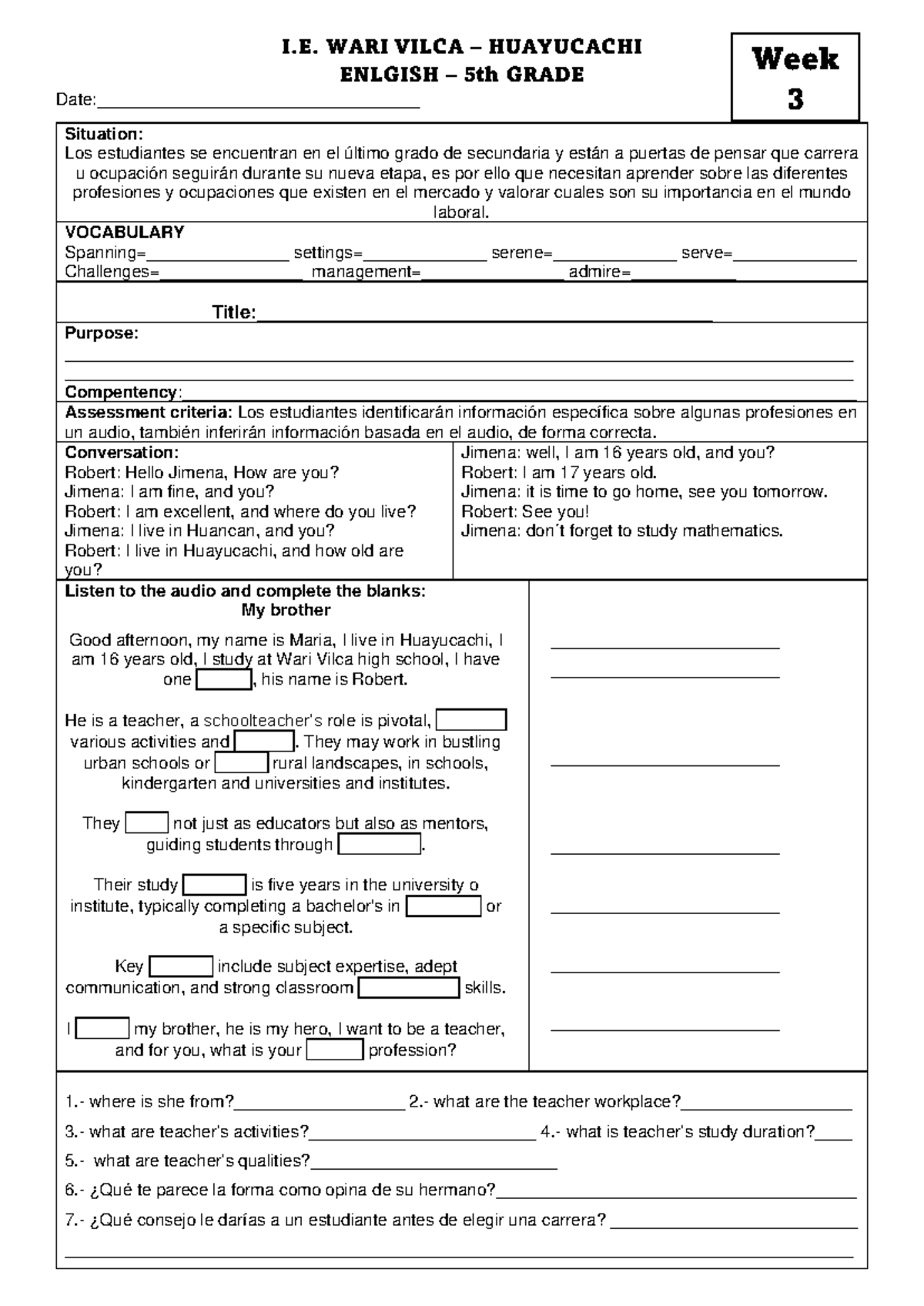 Session 3 5to nsjsb - Week 3 I. WARI VILCA – HUAYUCACHI ENLGISH – 5th ...