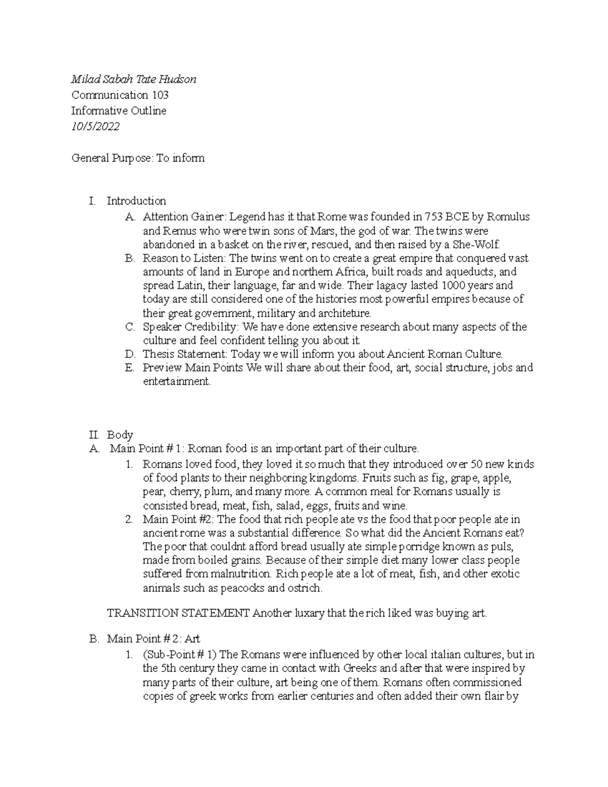 Outline of informative speech - Milad Sabah Tate Hudson Communication ...