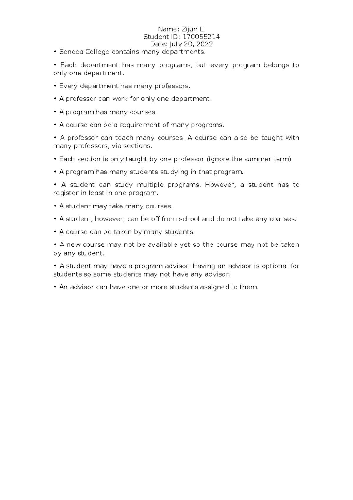 Dbs211 - Name: Zijun Li Student ID: 170055214 Date: July 20, 2022 Seneca College contains many ...