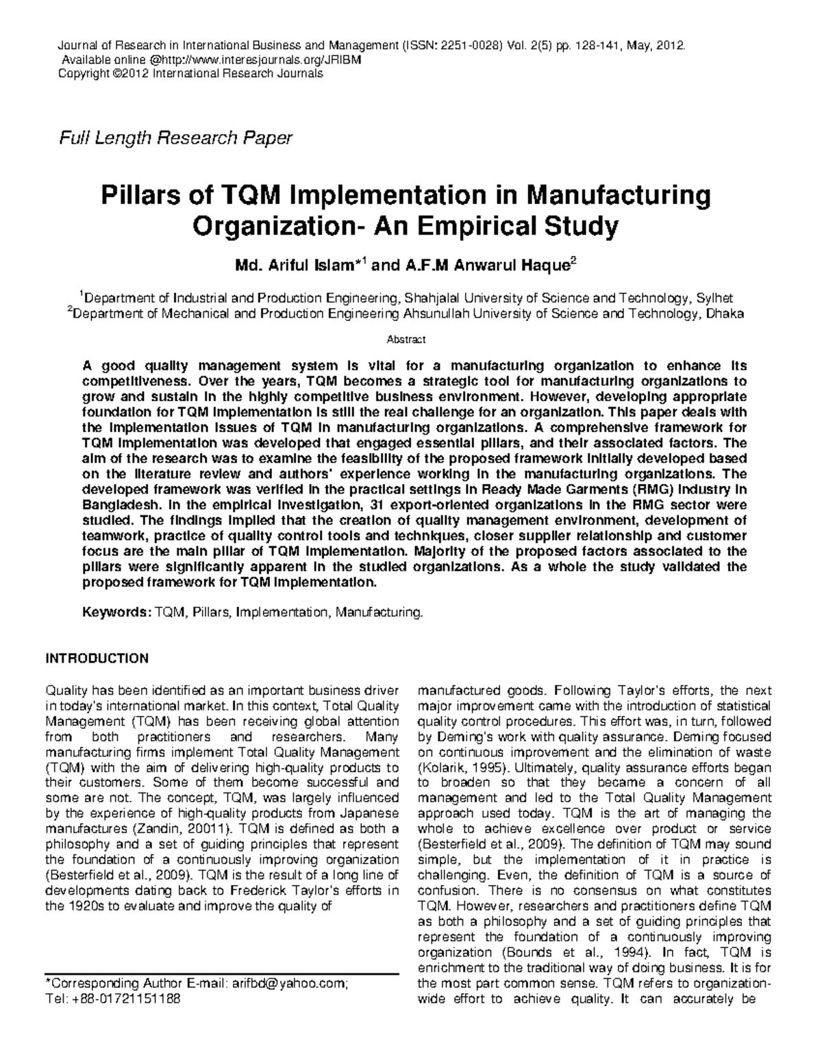 Pillars of tqm implementation in manufacturing organization an ...