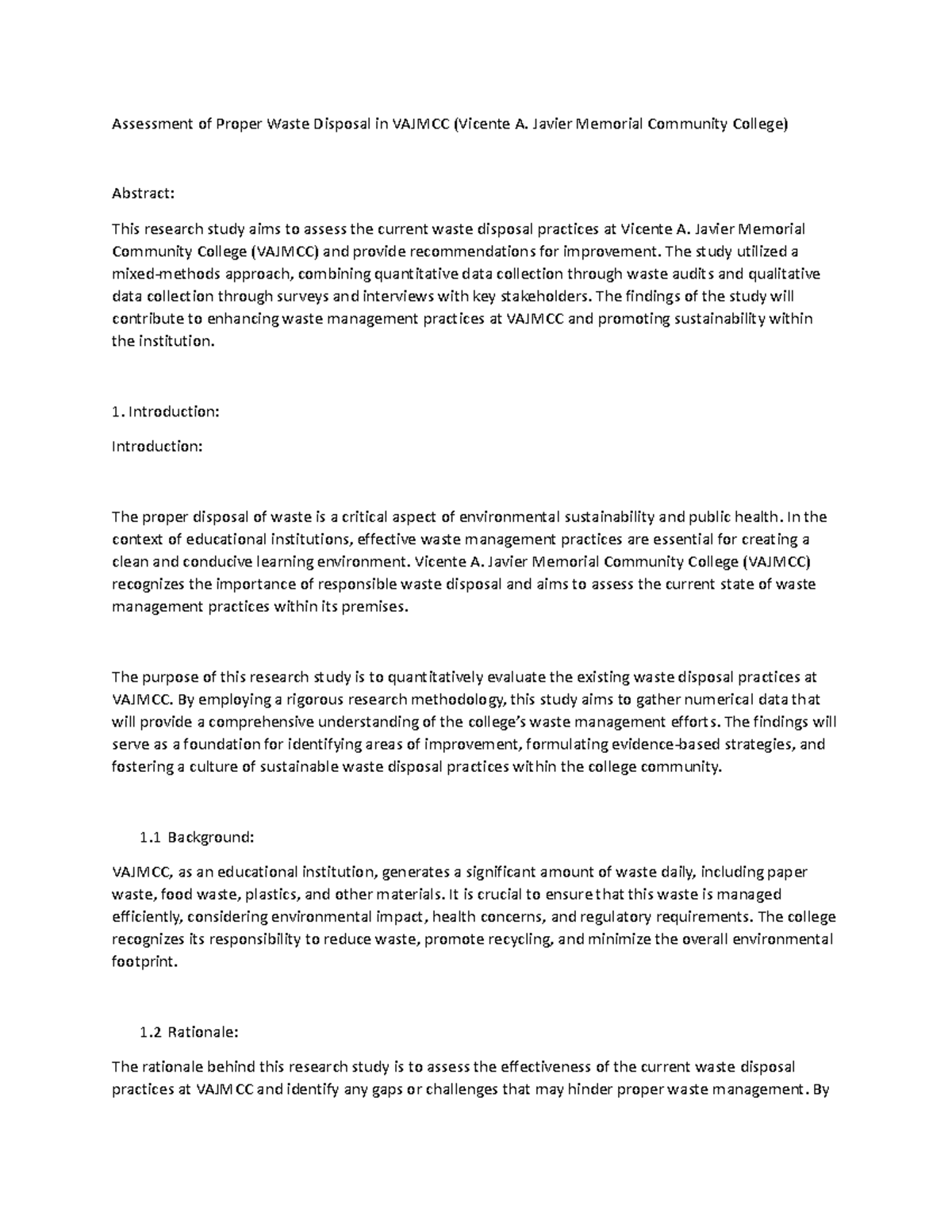 Research - Assessment of Proper Waste Disposal in VAJMCC (Vicente A ...