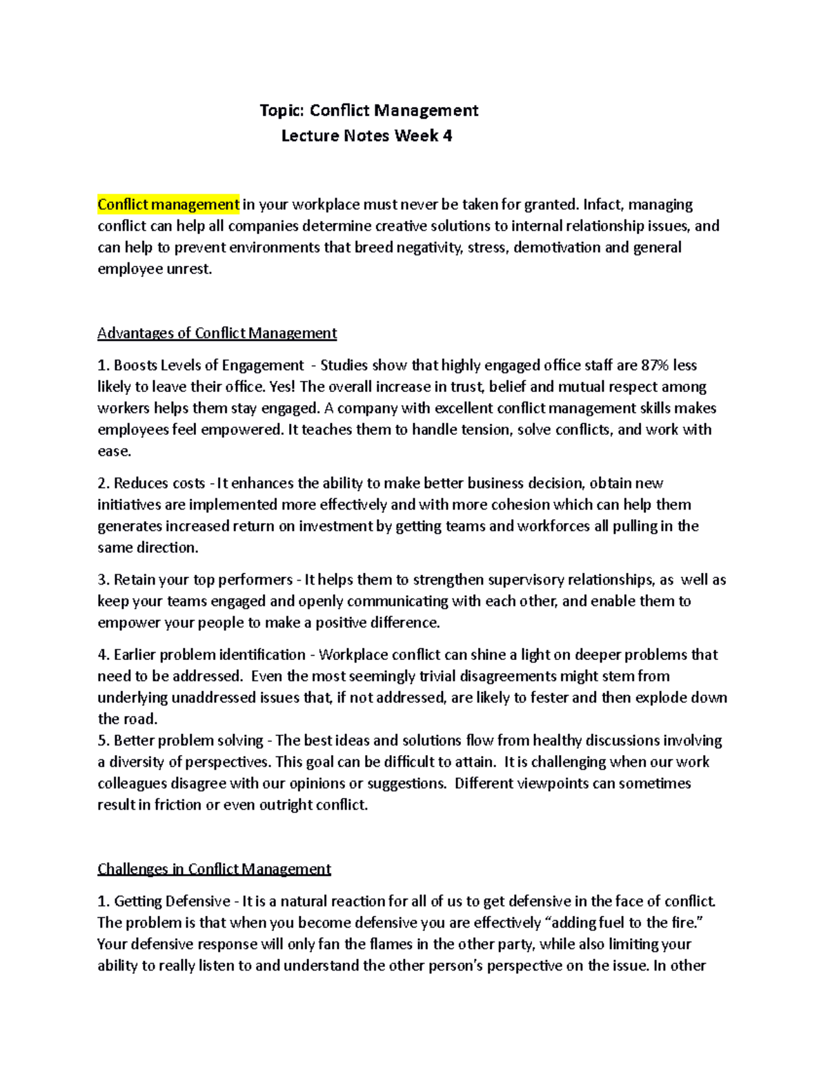 Conflict Management - Topic: Conflict Management Lecture Notes Week 4 ...