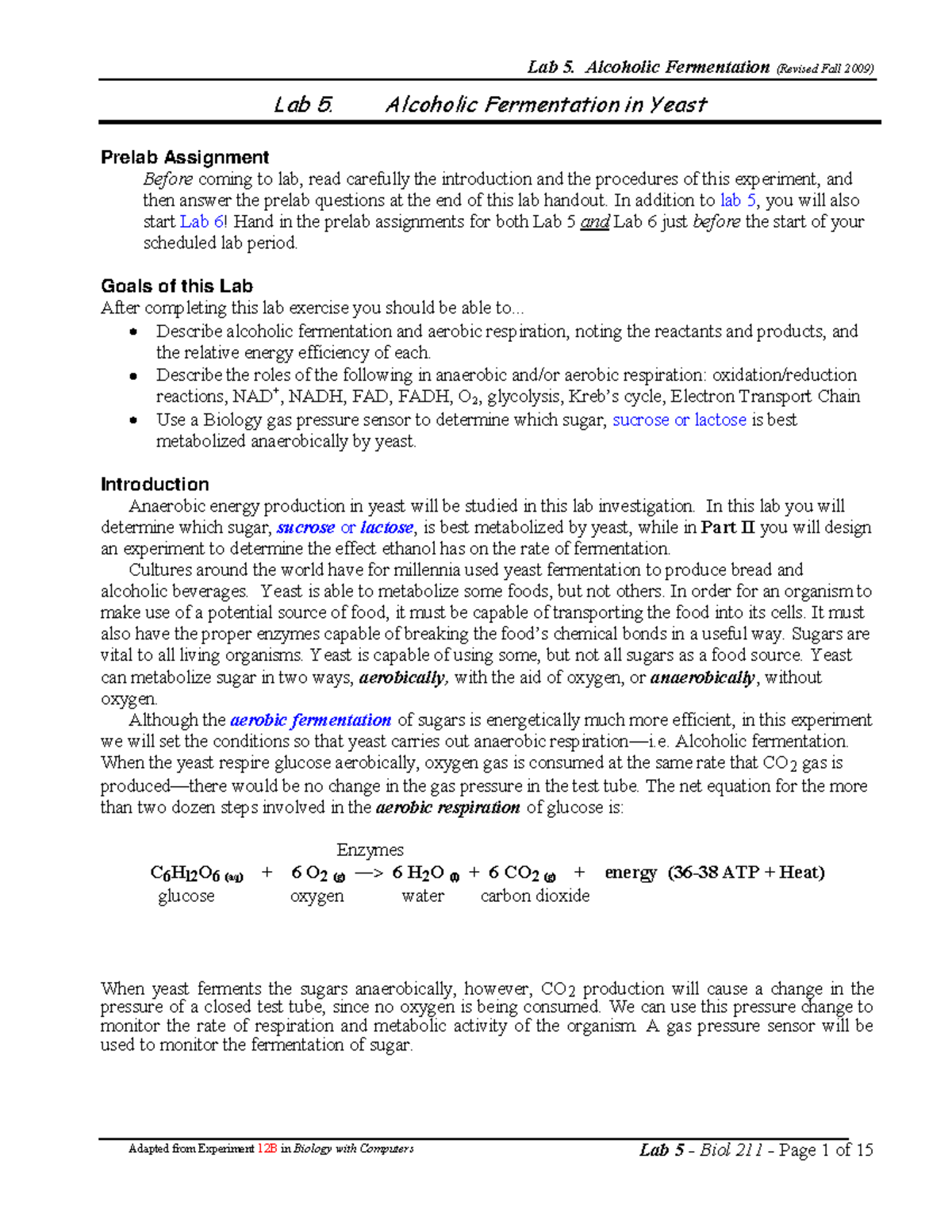 5 Lab 5 Alc Ferm in Yeast F2009 - Adapted from Experiment 12B in ...