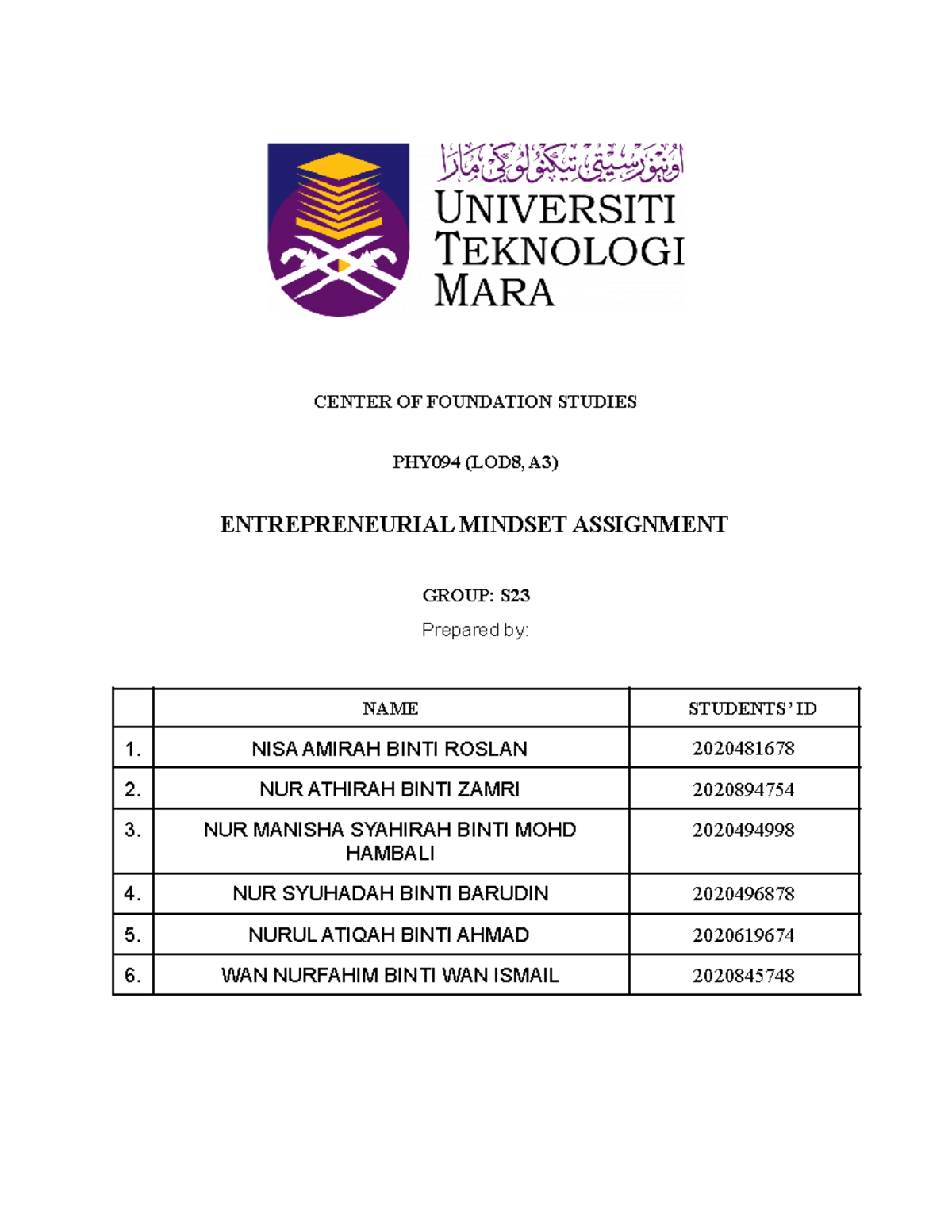 Assignment Physics - CENTER OF FOUNDATION STUDIES PHY094 (LOD8, A3) ENTREPRENEURIAL MINDSET ...