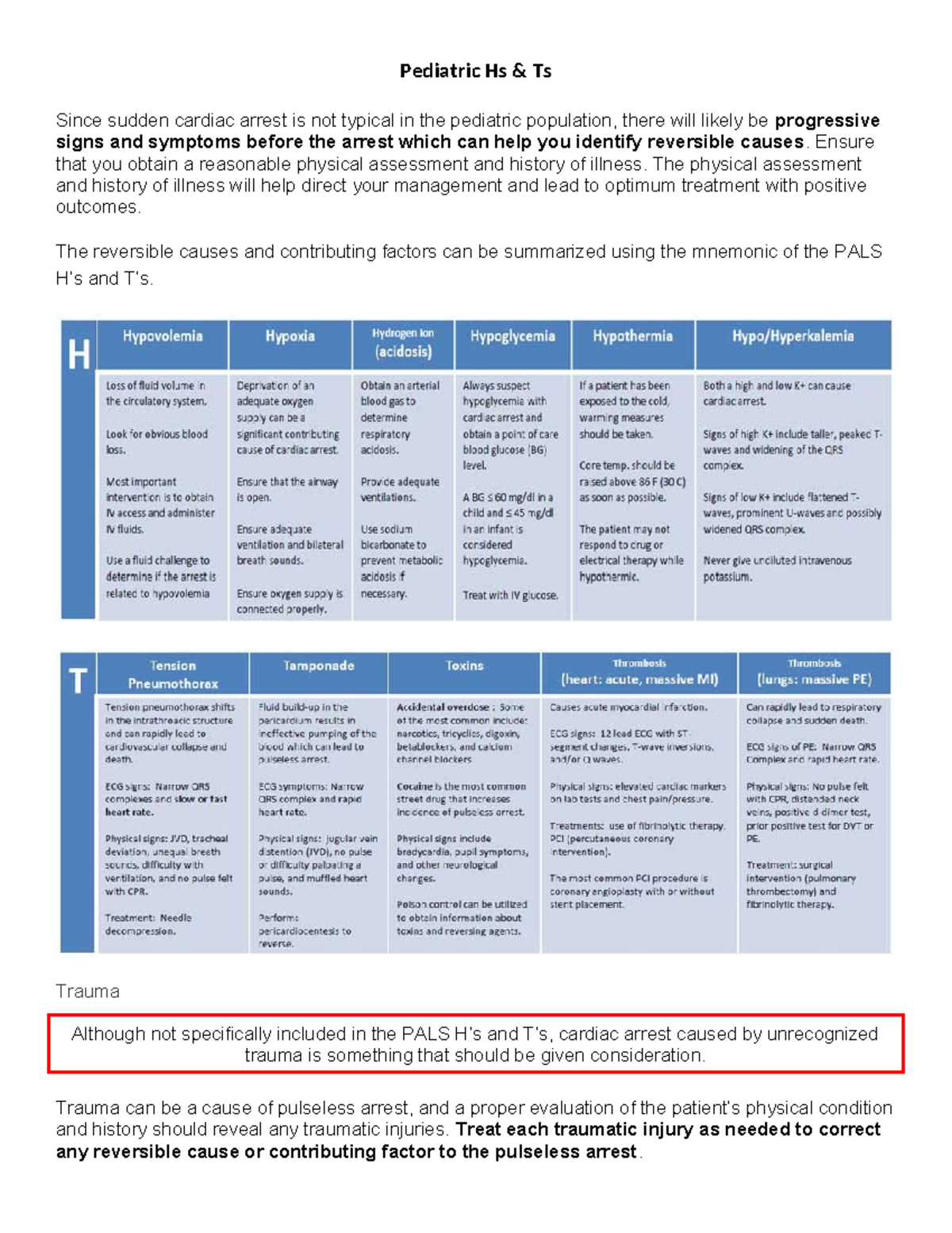 Pediatric Hsand Ts - H and Ts - Pediatric Hs & Ts Since sudden cardiac arrest is not typical in ...