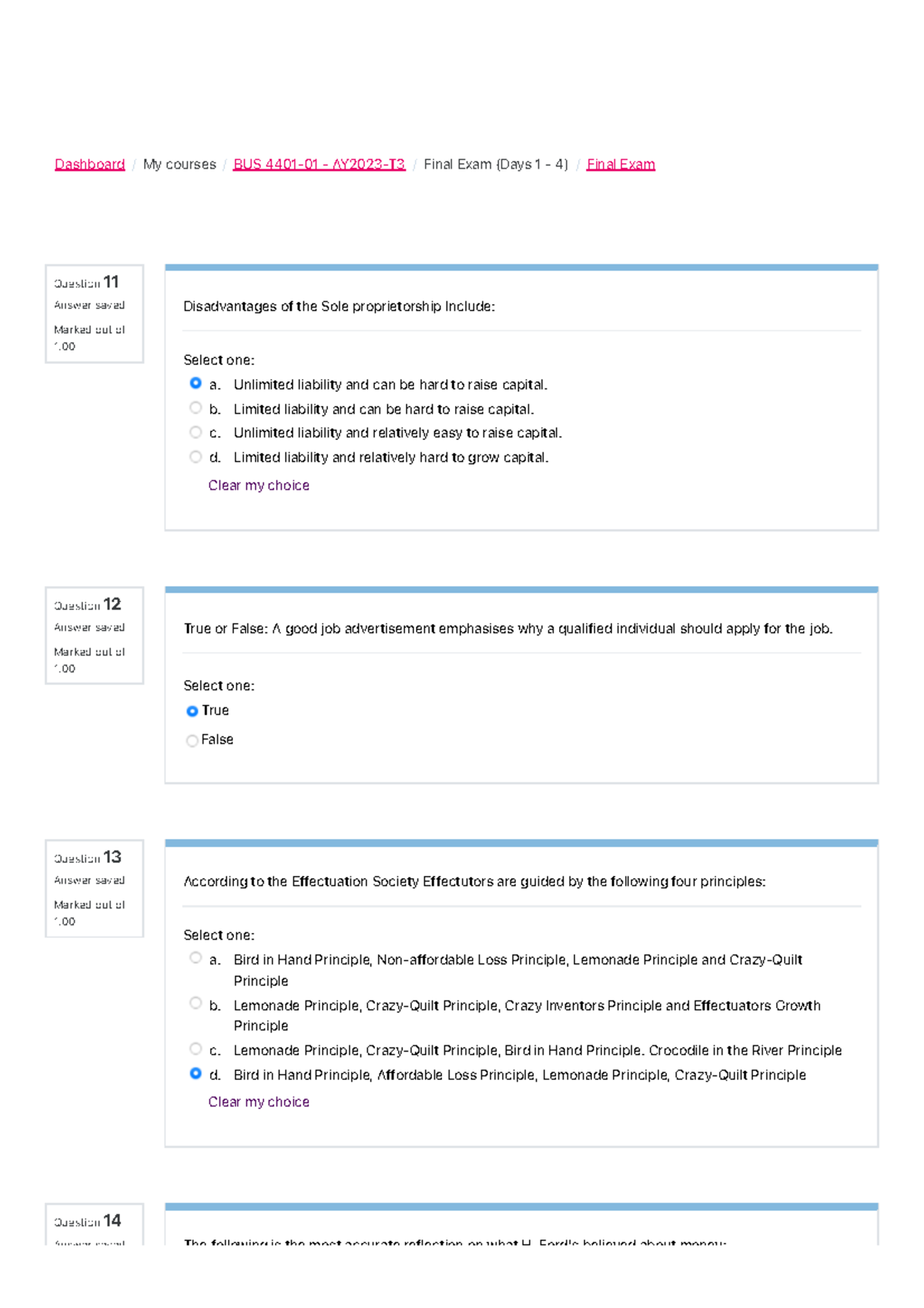 Final Exam (page 2 of 5) BUS 4401 - Question 11 Answer saved Marked out ...