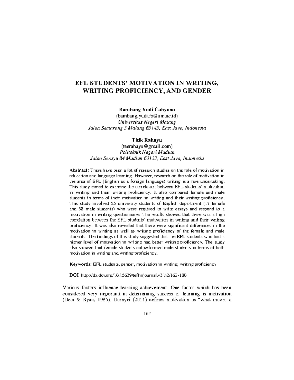 EFL Students Motivation IN Writing, Writing Proficiency, AND Gender ...