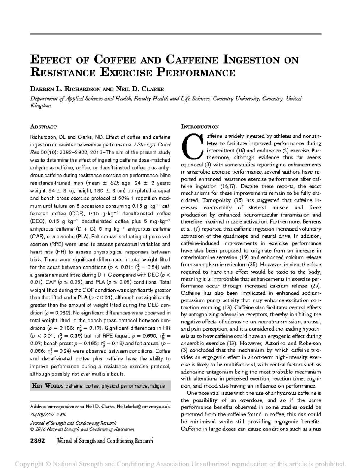 Effect Of Coffee And Caffeine Ingestion On Resistance Exercise