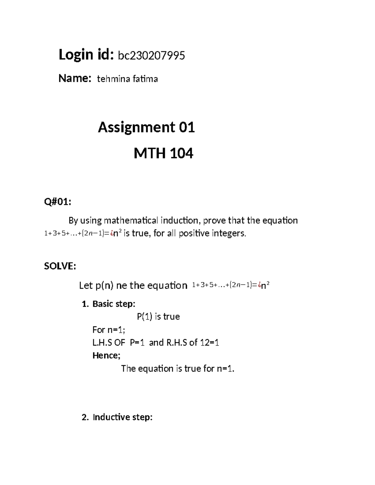 Assignment 01 mth 104 by tch - Login id: bc Name: tehmina fatima Assignment 01 MTH 104 Q#01: By ...
