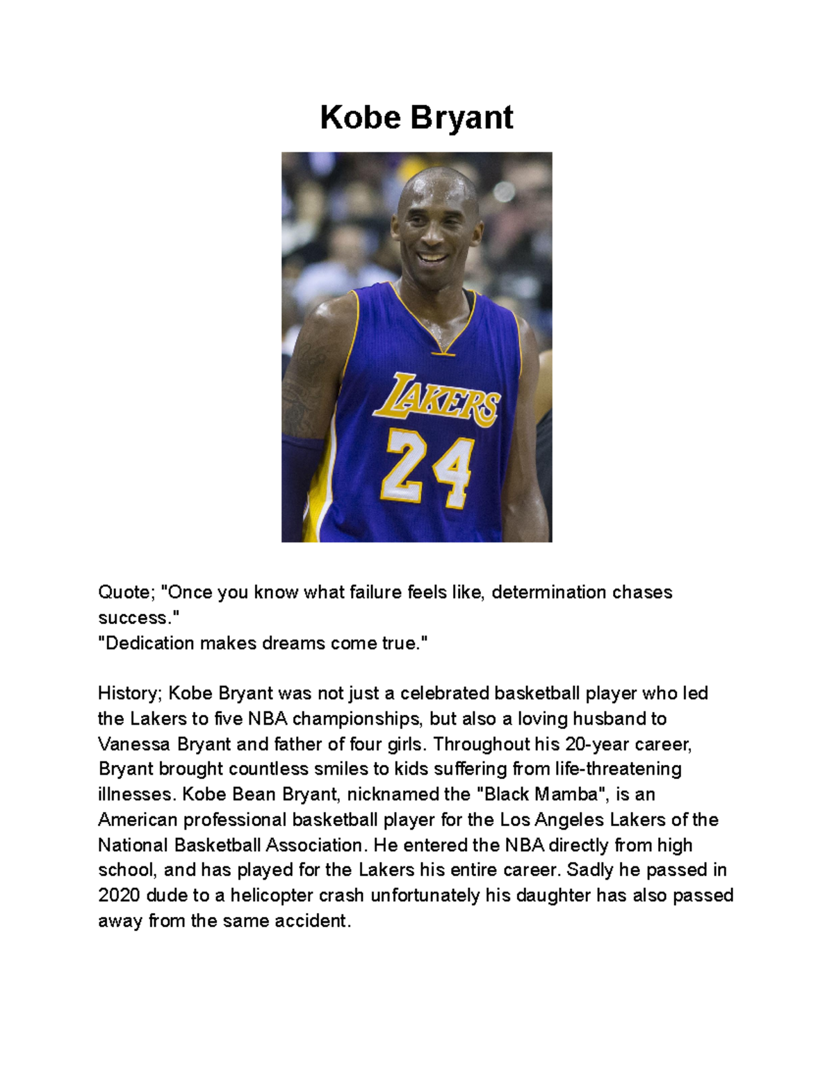 Black History Month - Kobe Bryant Quote; "Once you know what failure ...