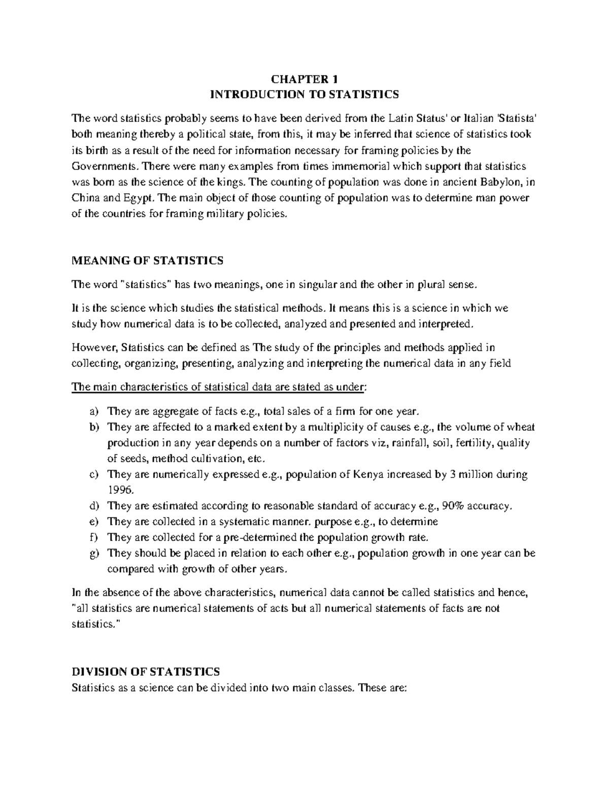 Introduction of Statistics & Collection of data - CHAPTER 1 INTRODUCTION TO STATISTICS The word ...