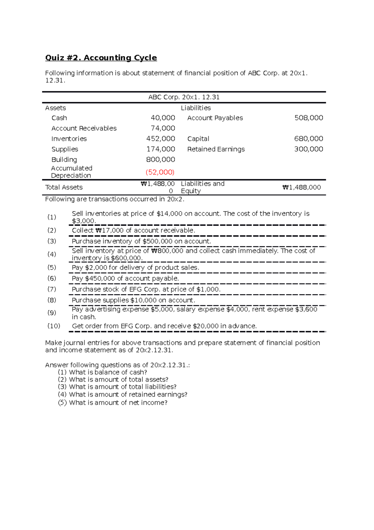 1Quiz 2 - answer for quiz 2 - Quiz #2. Accounting Cycle Following ...