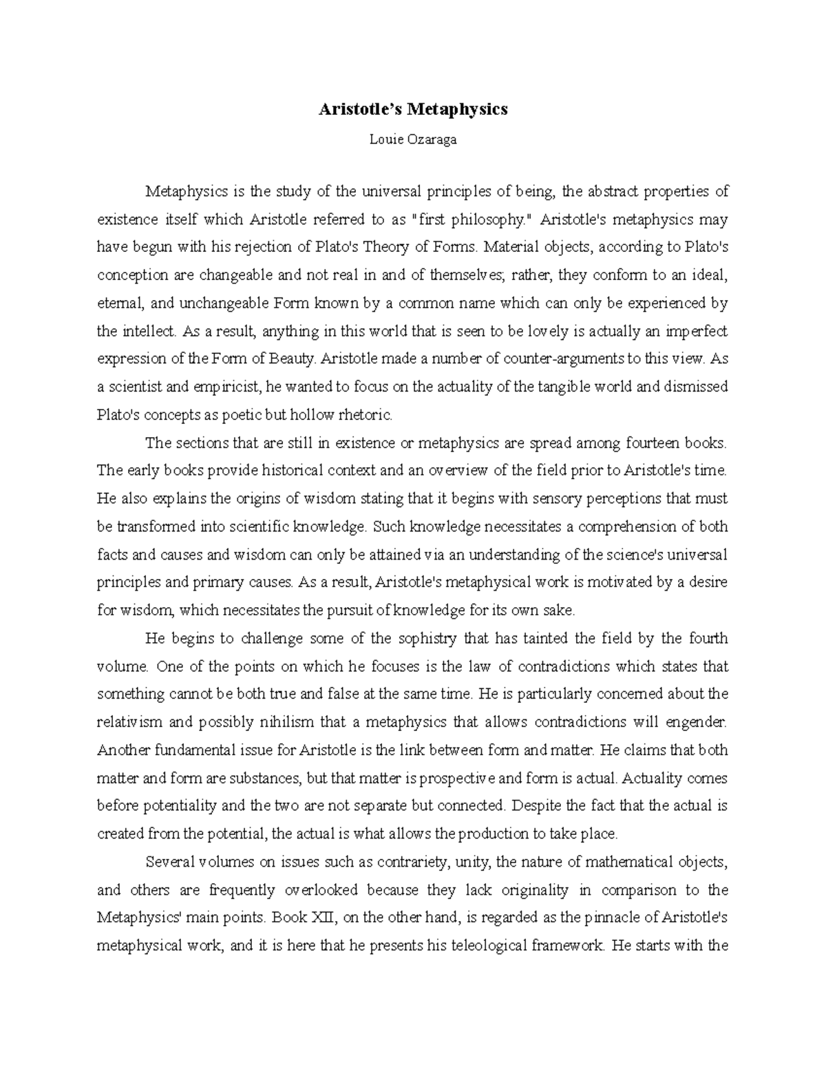 Aristotle’s Metaphysics - Aristotle’s Metaphysics Louie Ozaraga ...