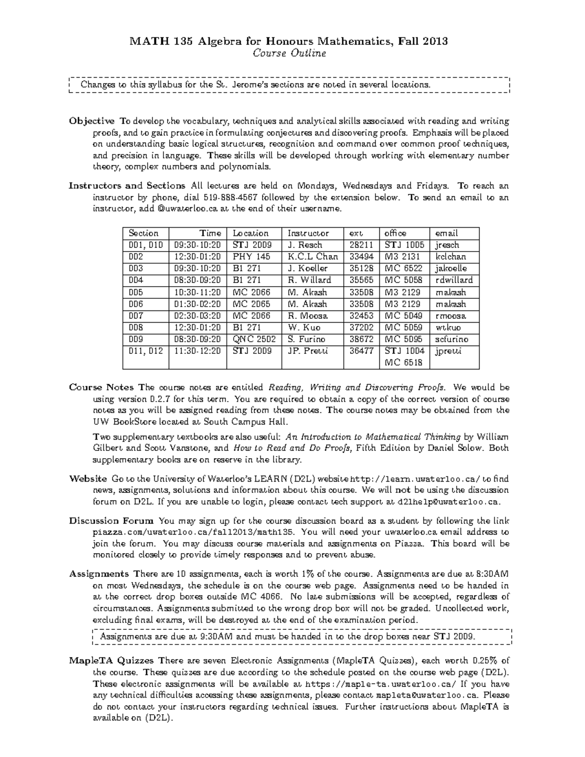 Course outline - MATH 135 Algebra for Honours Mathematics, Fall 2013 ...
