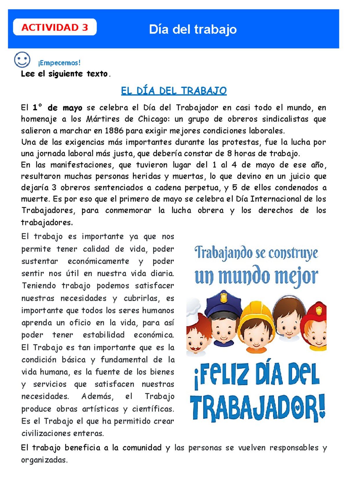 D3 A3 Ficha PS. Día del trabajo - ¡Empecemos! Lee el siguiente texto ...