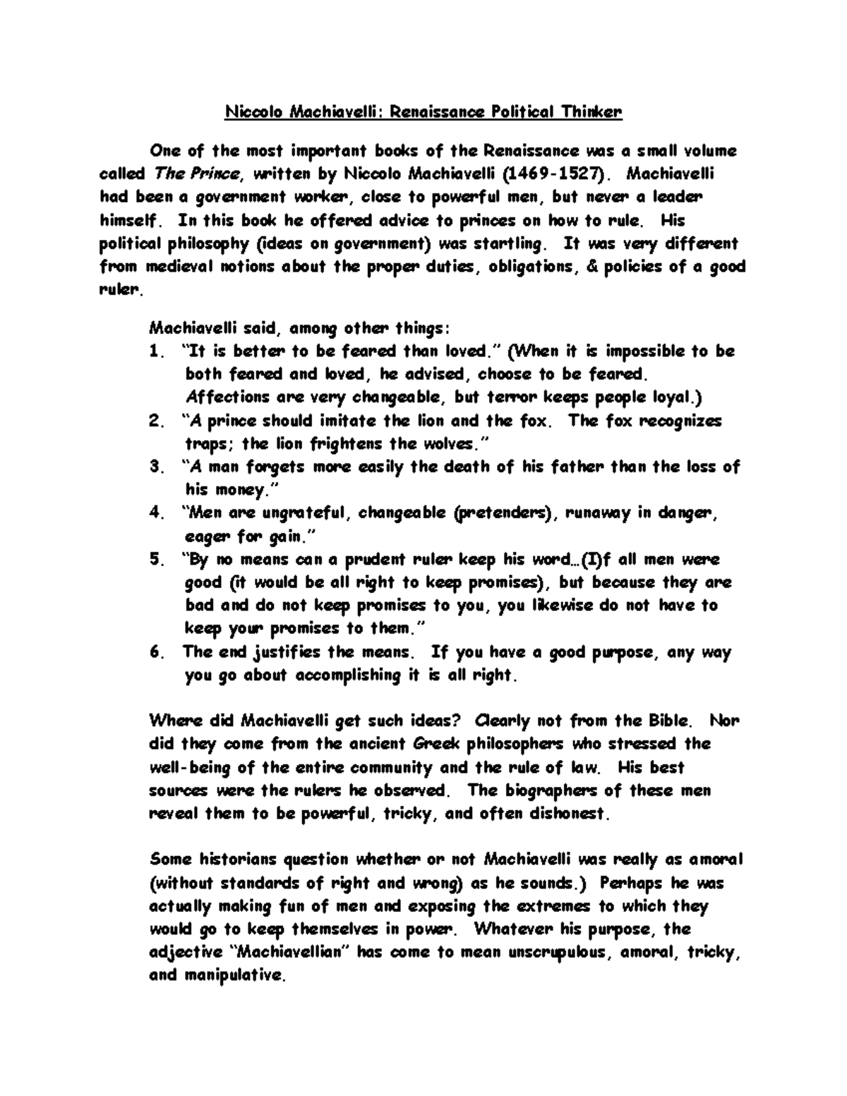 Niccolo Machiavelli worksheet - Niccolo Machiavelli: Renaissance ...