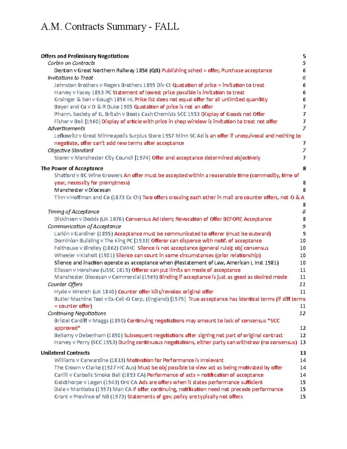 AM Contracts Summary FALL - A. Contracts Summary FALL Offers and ...