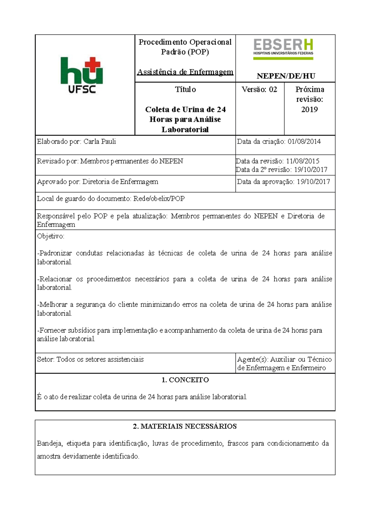 Coleta Urina 24H - pop - Procedimento Operacional Padrão (POP ...