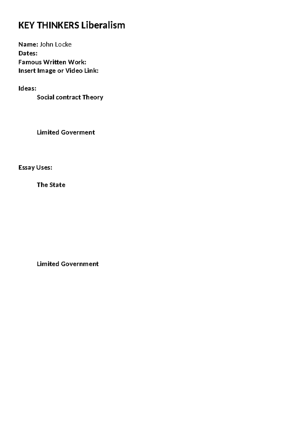 Isra Zahra Ayub (Student) - KEY Thinkers Liberalism - Name: John Locke ...