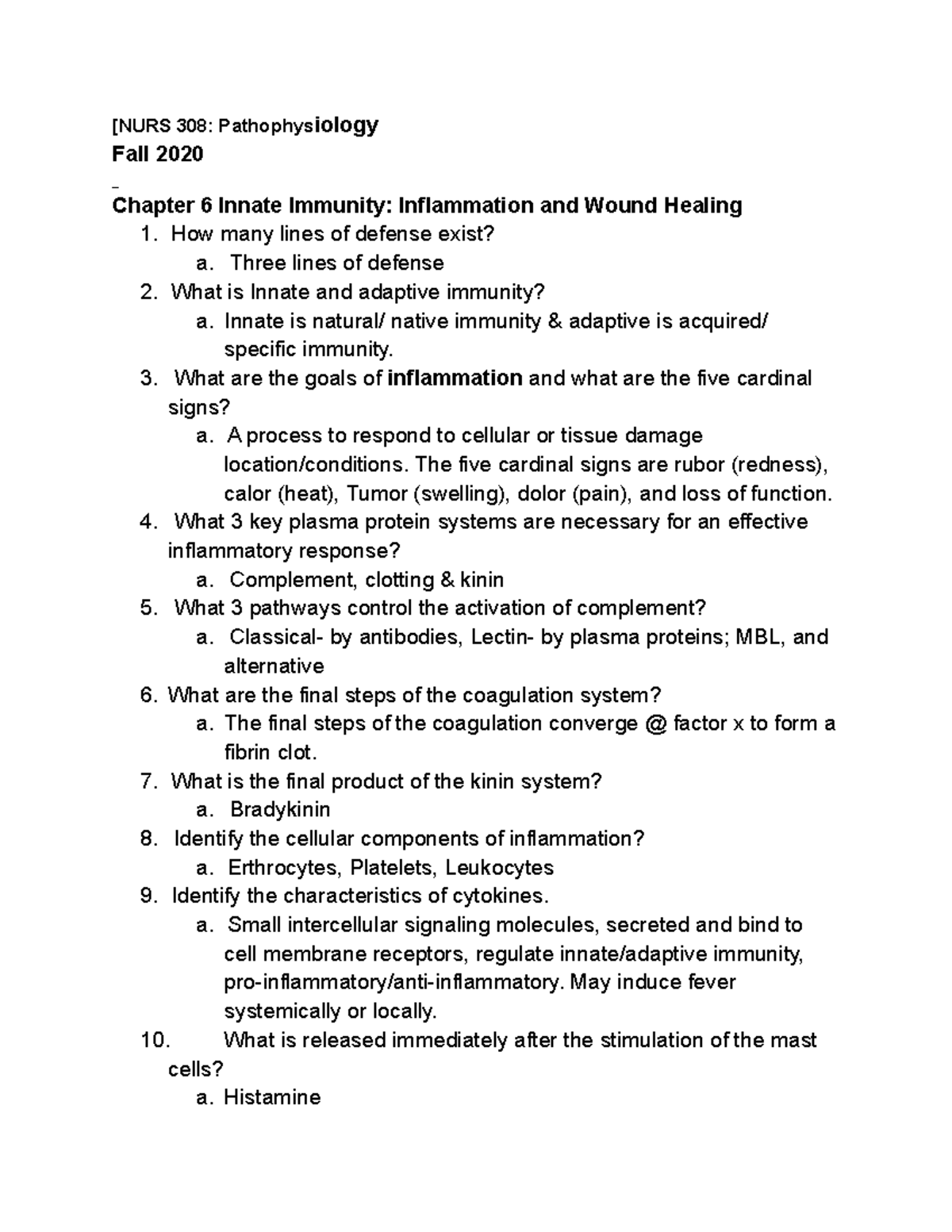Patho chapter questions - [NURS 308: Pathophysiology Fall 2020 Chapter ...