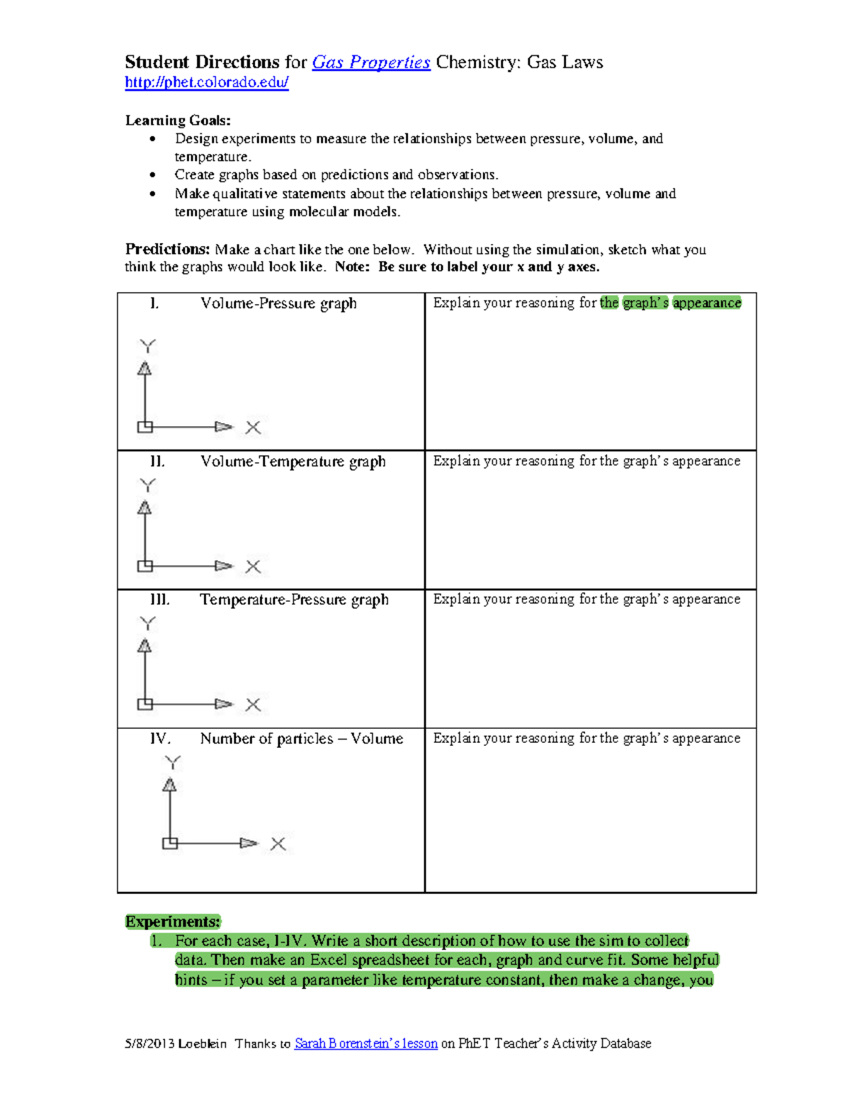 Gas Properties Laws - Chemistry Lab - Student Directions for Gas ...
