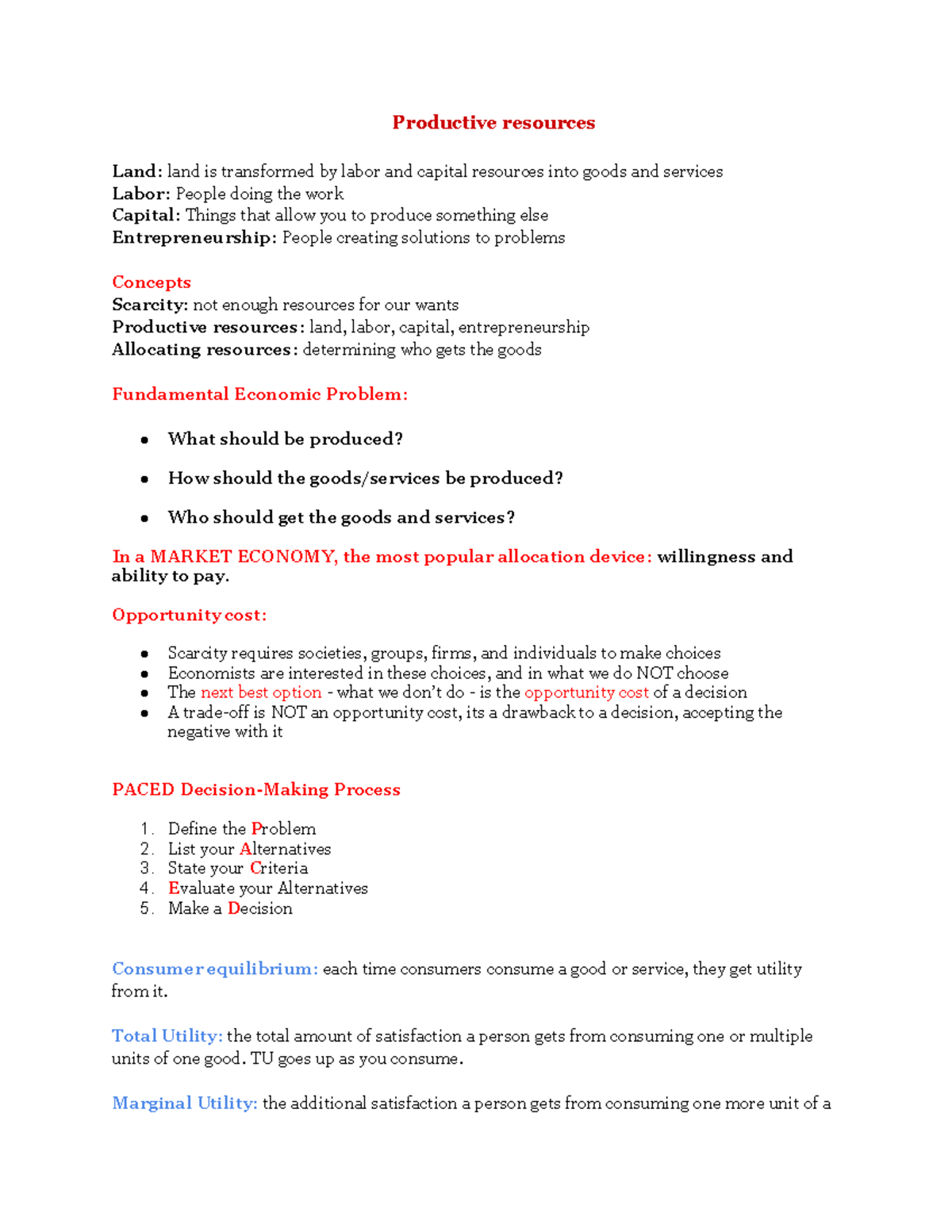 Fundamentals of Economy Notes - Productive resources Land: land is ...