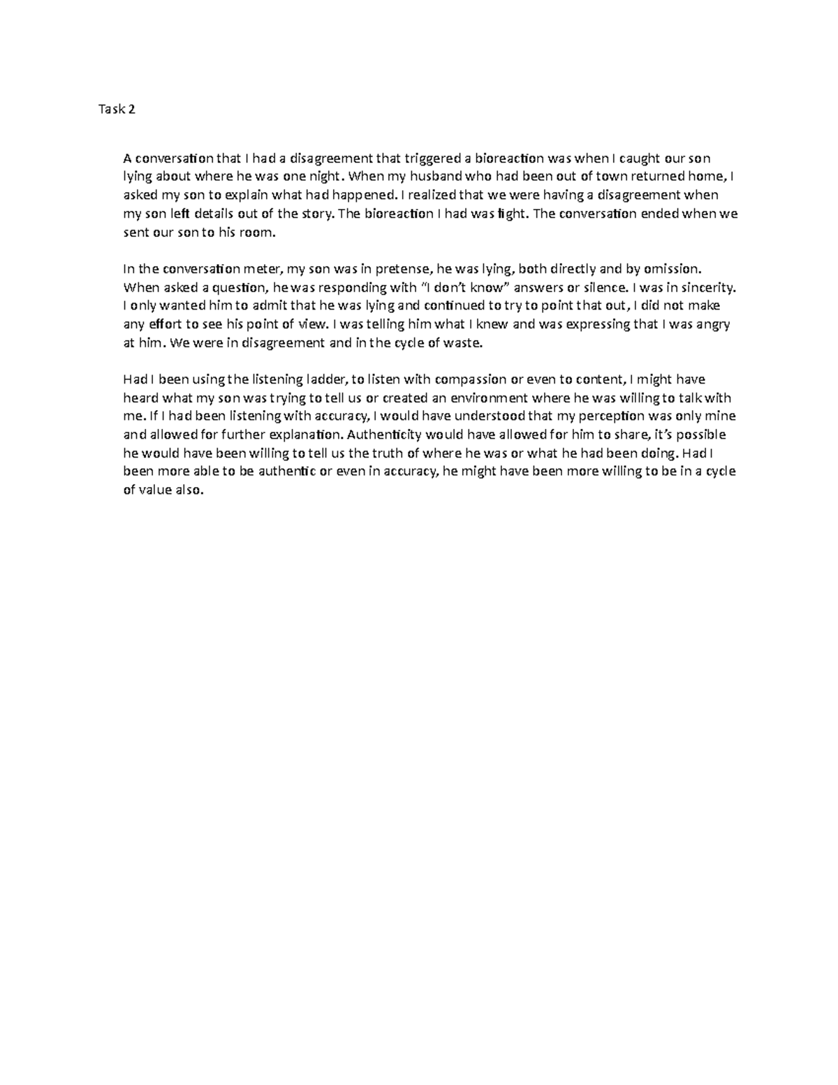 C820 Task 2 - task 2 - Task 2 A conversation that I had a disagreement ...