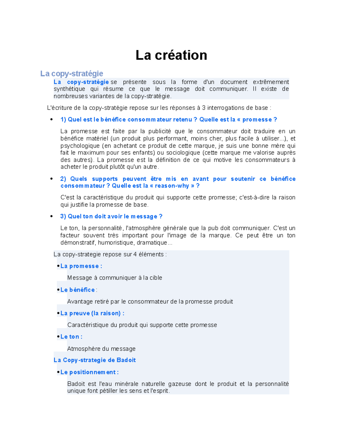La création - La création La copy-stratégie La copy-stratégie se ...