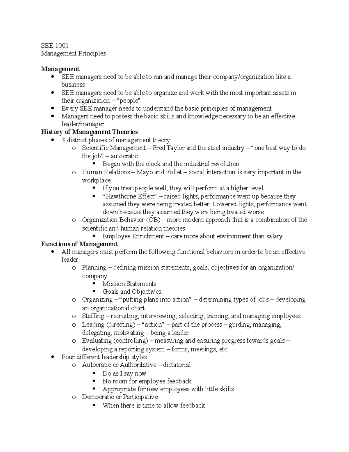 Management Principles Lecture - SEE 1001 Management Principles ...