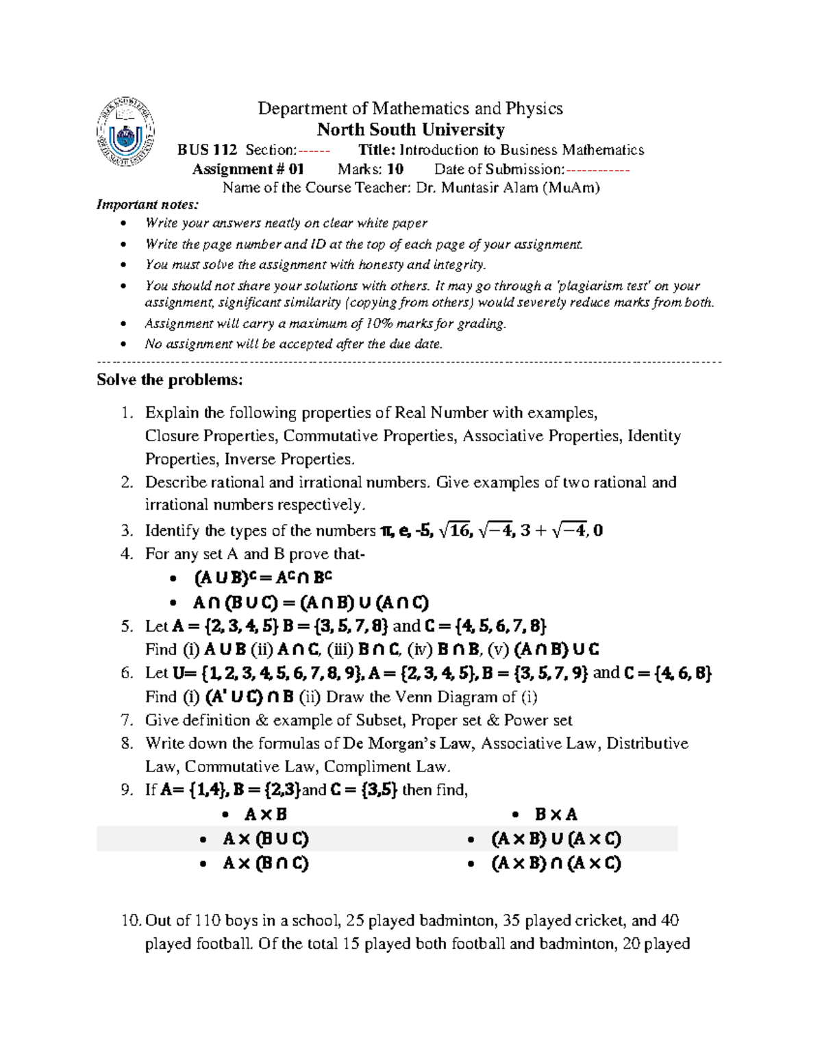 Assignment 1 - Faculty: MuaM - Department of Mathematics and Physics North South University BUS ...